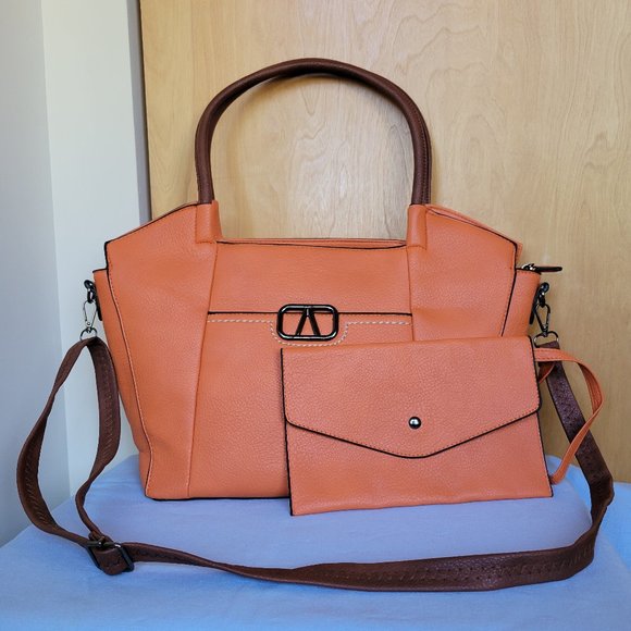 Bags | Orange Leather Handbag Matching Set With Removeable Shoulder ...